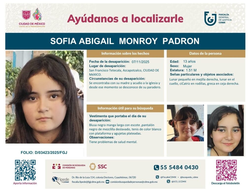 Sofía Abigaíl Monroy Padrón desapareció en CDMX - DE REPORTEROS